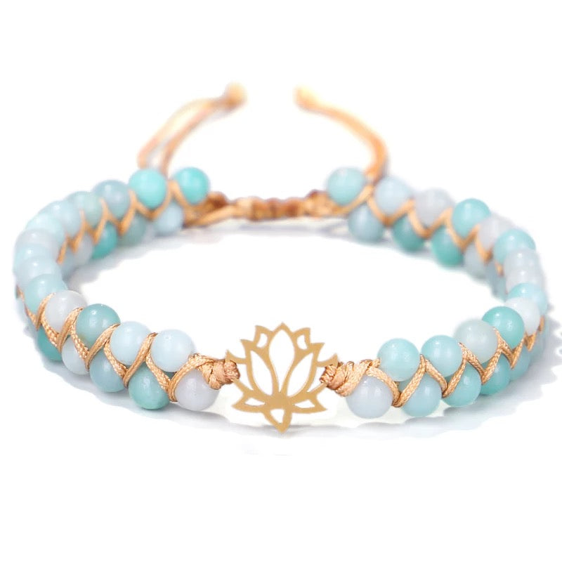 [[Hand braided amazonite bracelet with a lotus charm///Bracelet en ama ...